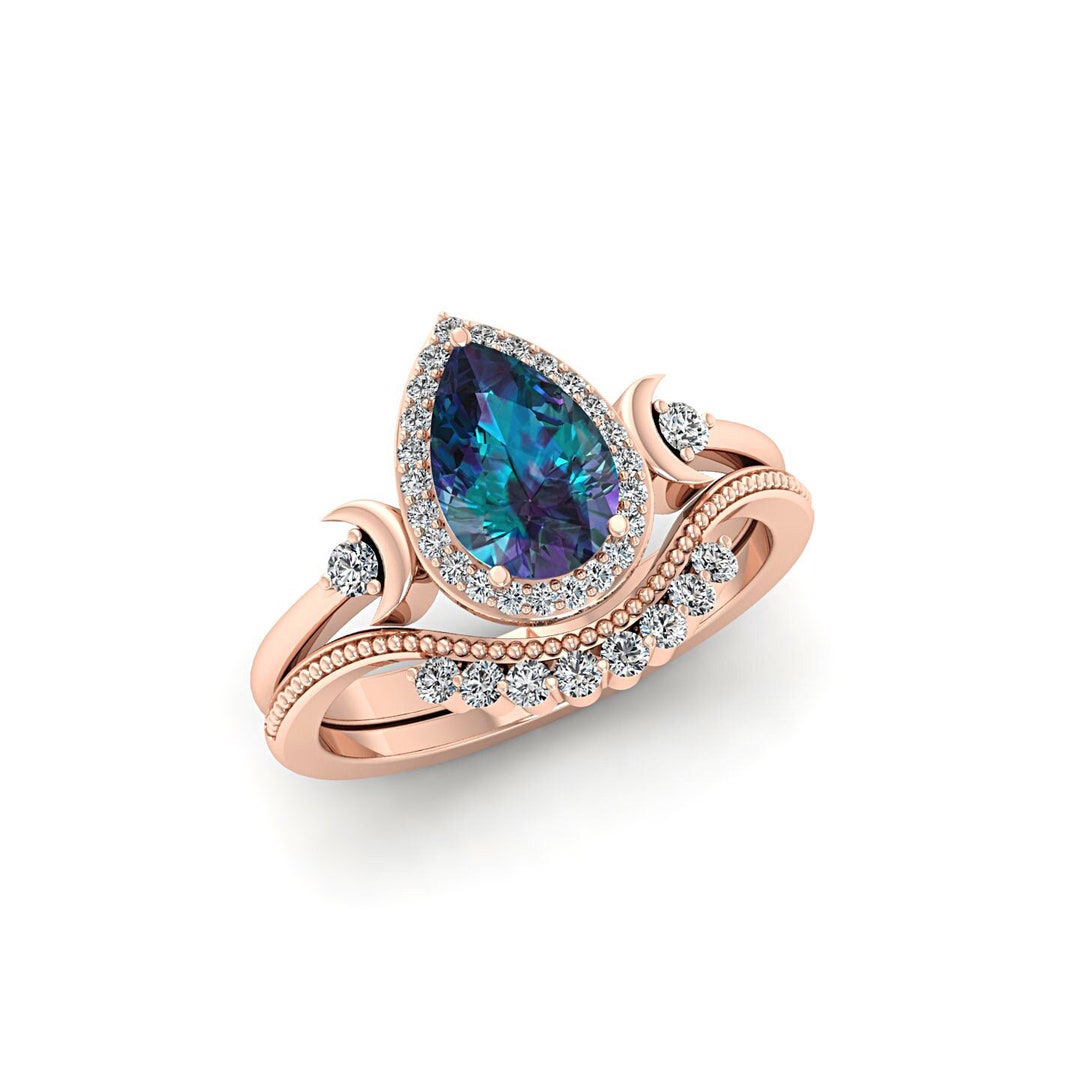Vintage Pear Alexandrite Engagement Ring Set: 10k Rose Gold Celestial ...