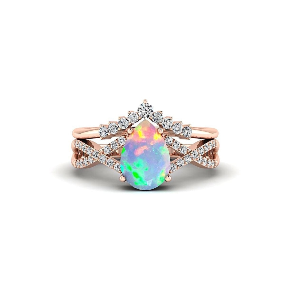 14k Unique Opal Wedding Ring Set for Women Opal Engagement Ring ...