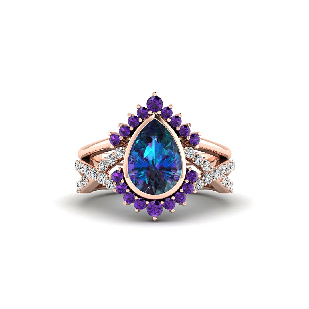 Vintage Pear Alexandrite Engagement Ring Set: 10k Rose Gold Amethyst ...