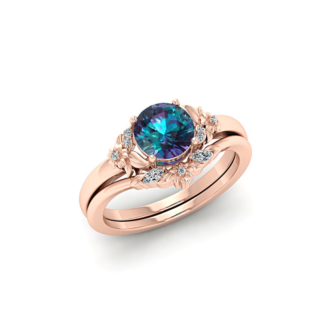 Art Deco Leaf Design Alexandrite Engagement Ring Set : Unique Bridal ...