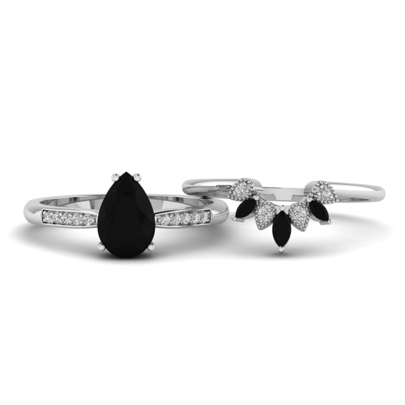 Pear Shaped Black Onyx Ring Set Black Onyx Engagement Ring Set - Etsy