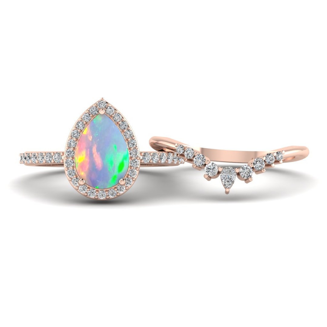 14k Beautiful Opal Engagement Ring Set Pear Opal Ring Silver - Etsy