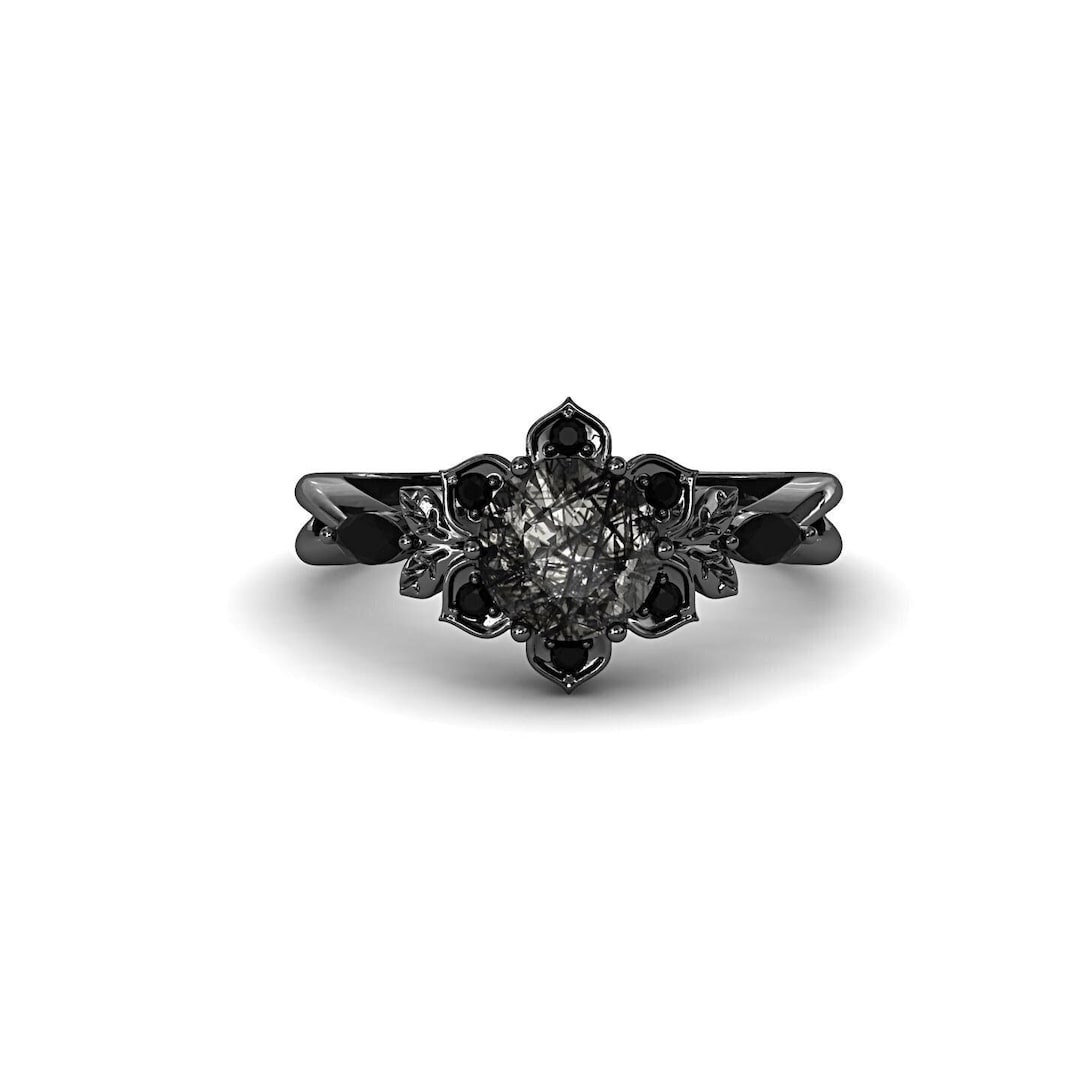 Black Flower Ring With Rutilated Quartz Vine Leaf Floral Ring Silver ...
