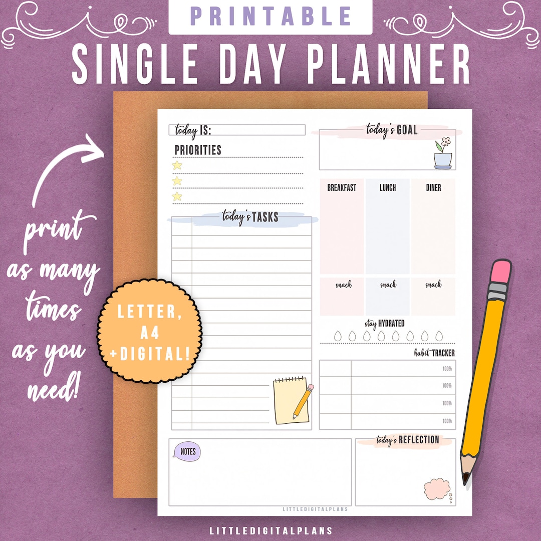 Printable Day Planner With Habit Tracker and Meals | Printable Daily ...