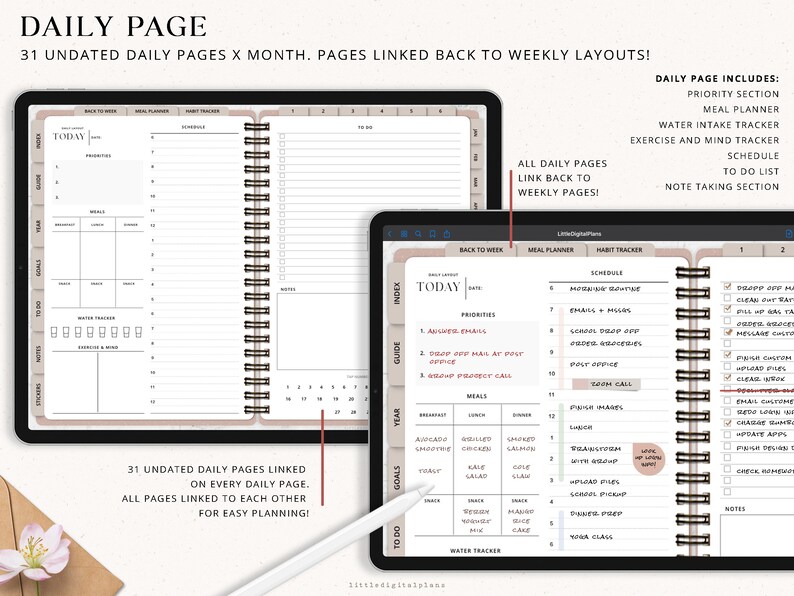 Undated Digital Planner Beige Tabs Realistic Planner With | Etsy
