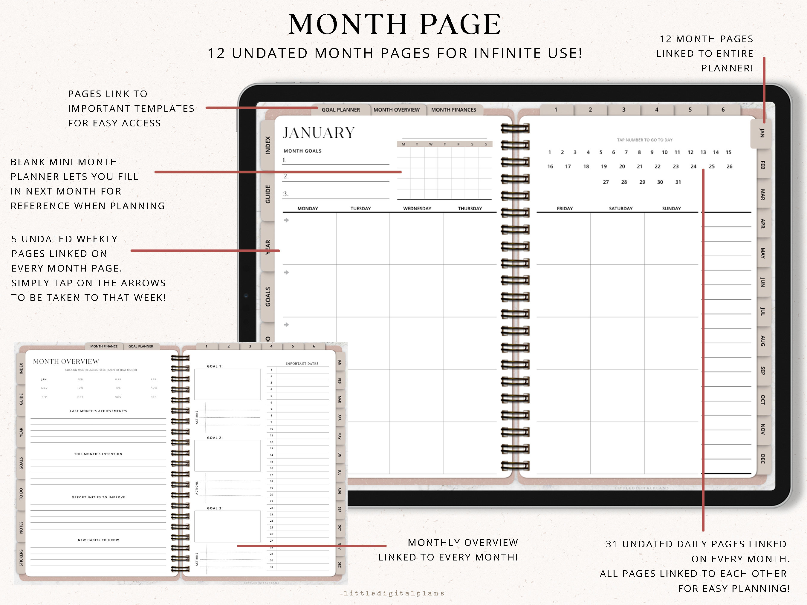 Undated Digital Planner Beige Tabs Realistic Planner with | Etsy
