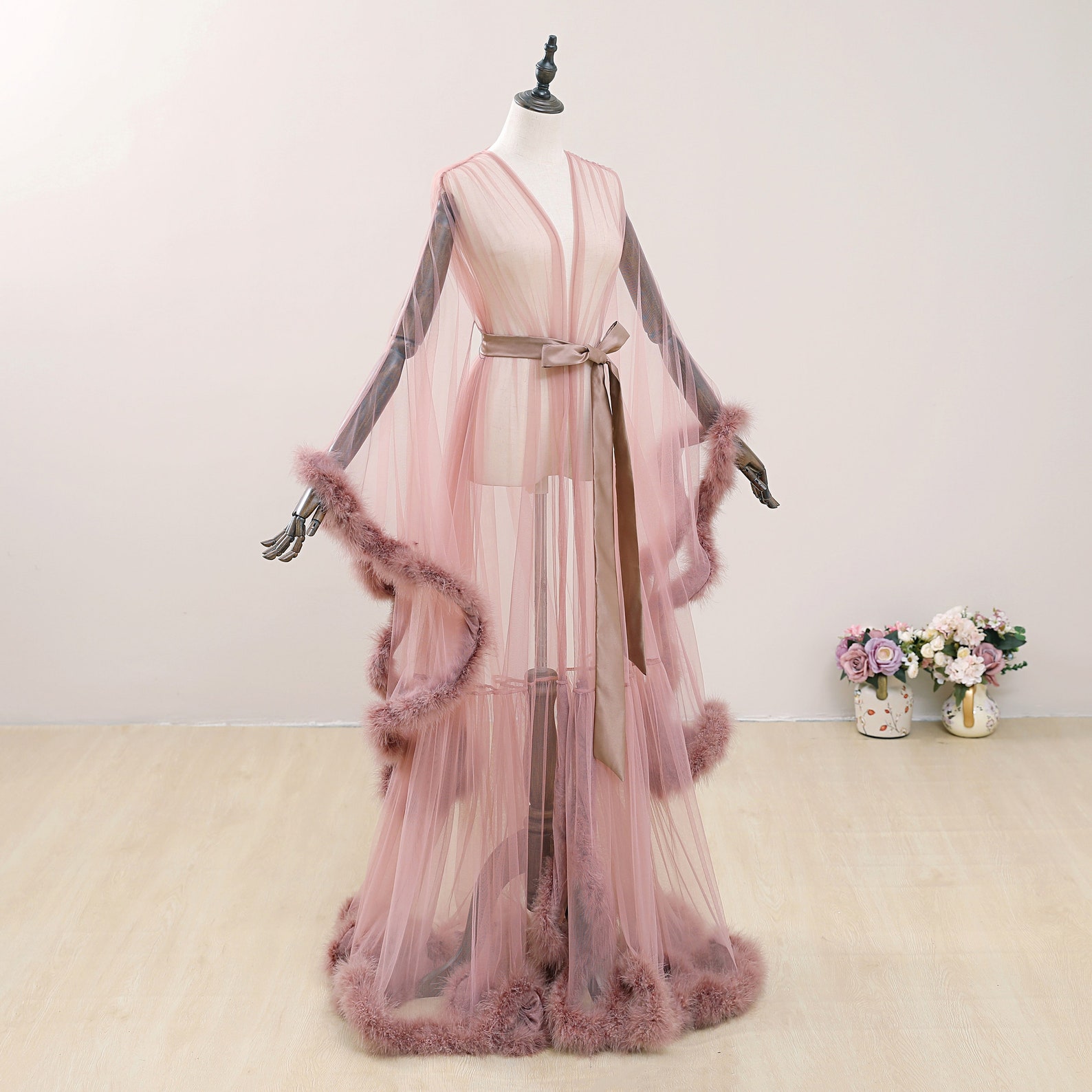 Sheer Honeymoon Gown,sexy Night Gown,wedding Nightie With Rabbit Fur ...