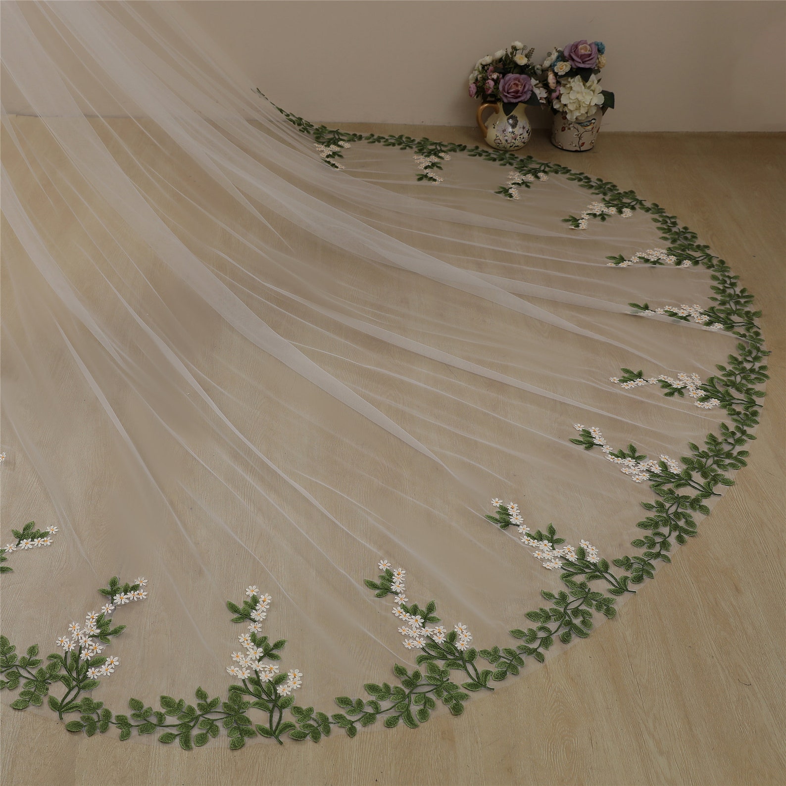 Green Leaves Floral Veil,wedding Veil,handmade Garden-inspired Bridal ...