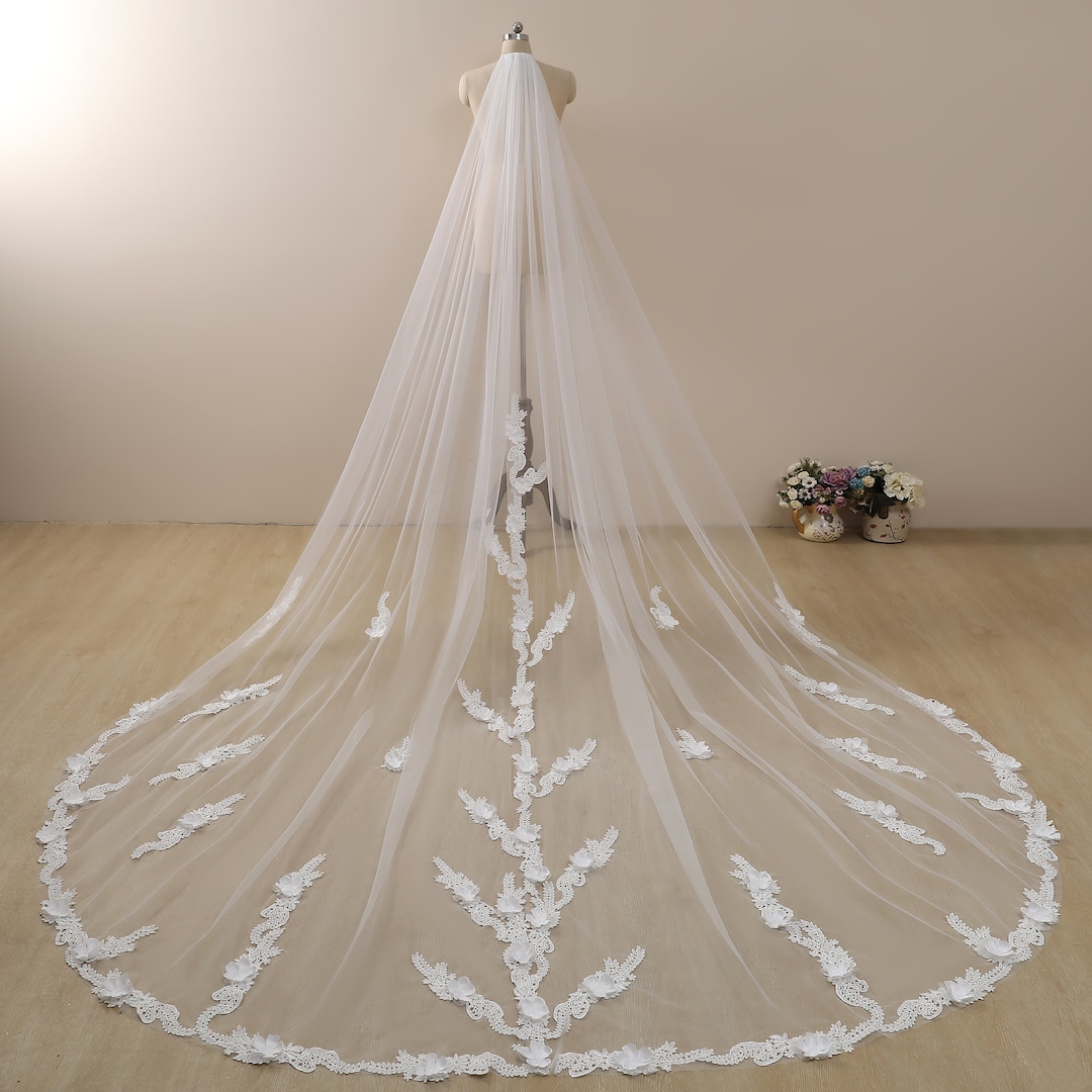 Floral Lace Veil,wedding Veil Cathedral,bridal Veil,dramatic Veil,long ...