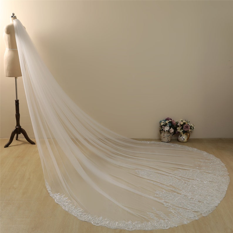 Vintage Lace Wedding Veil: Sequined Floral Applique, Soft Tulle - Etsy