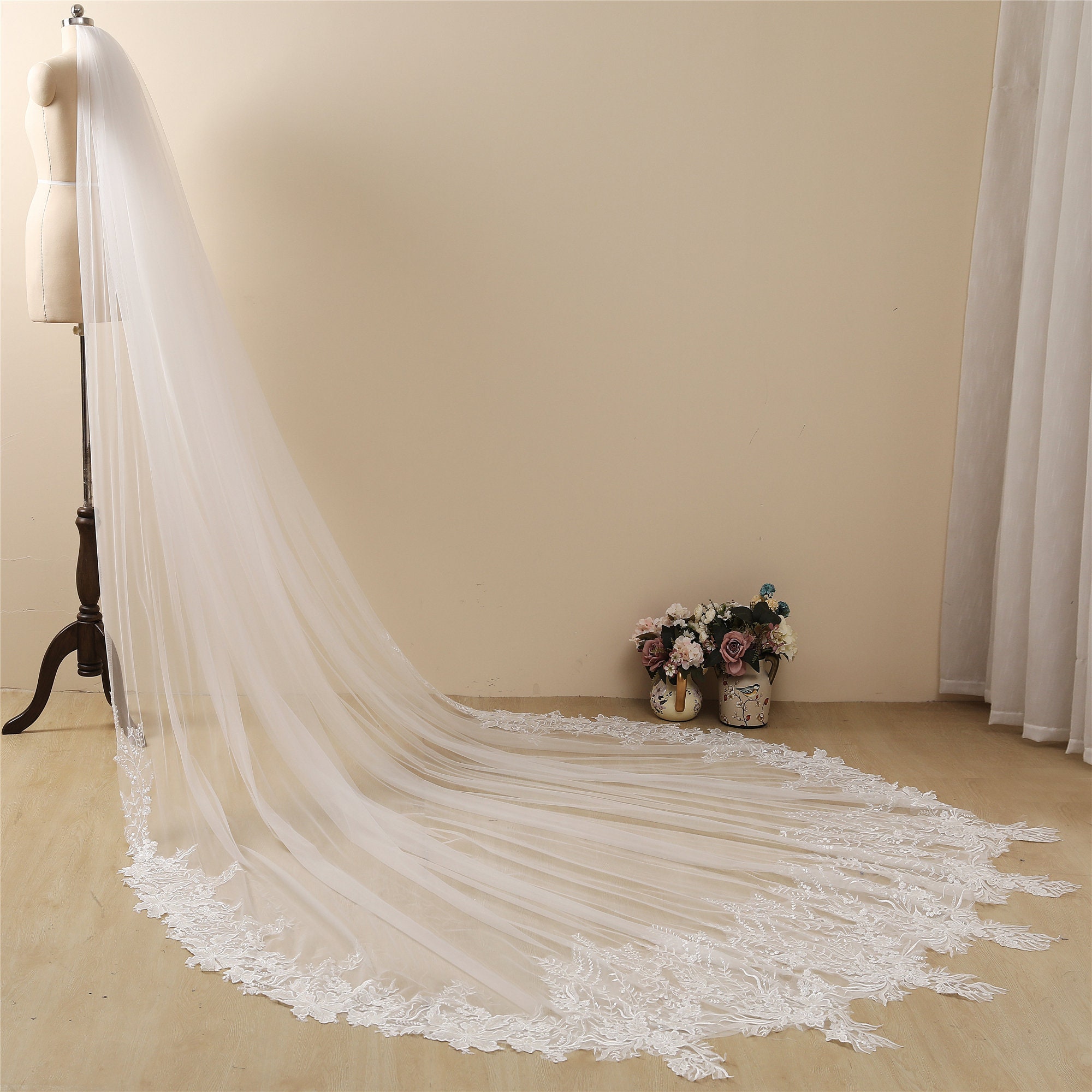 Celestial Flower Lace Wedding Veil Ivory Royal Cathedral Veil | Etsy