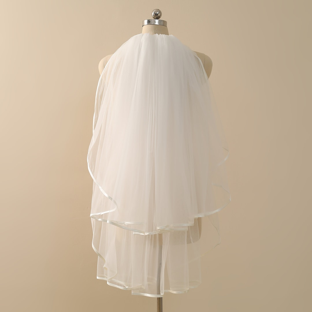 Veil With Blusher,simple Ribbon Veil,two Tier Fingertip Veil,ivory ...
