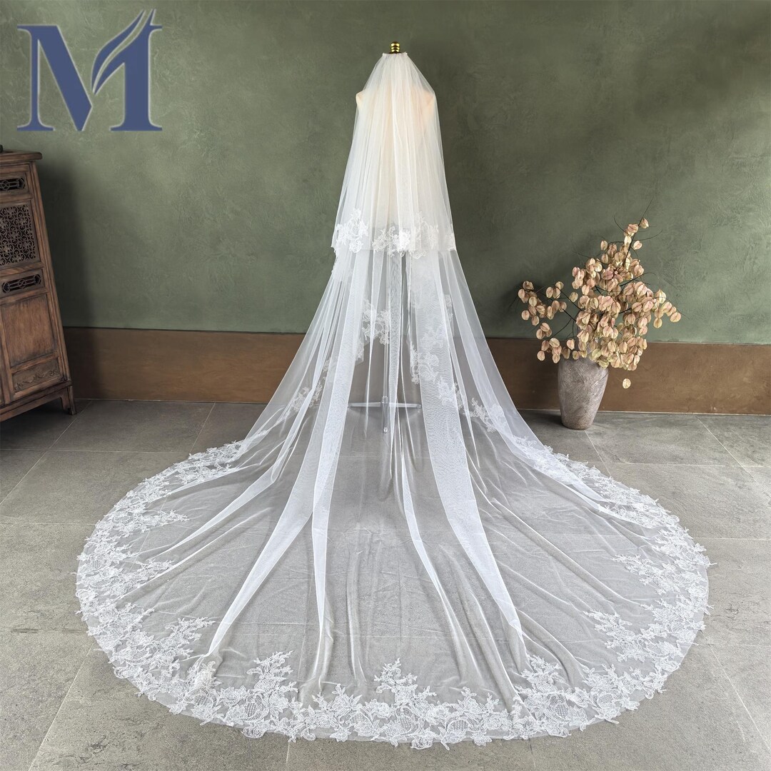 2-tier Lace Trim Blusher Veil - Simple Ivory Lace Trim Veil Cathedral ...