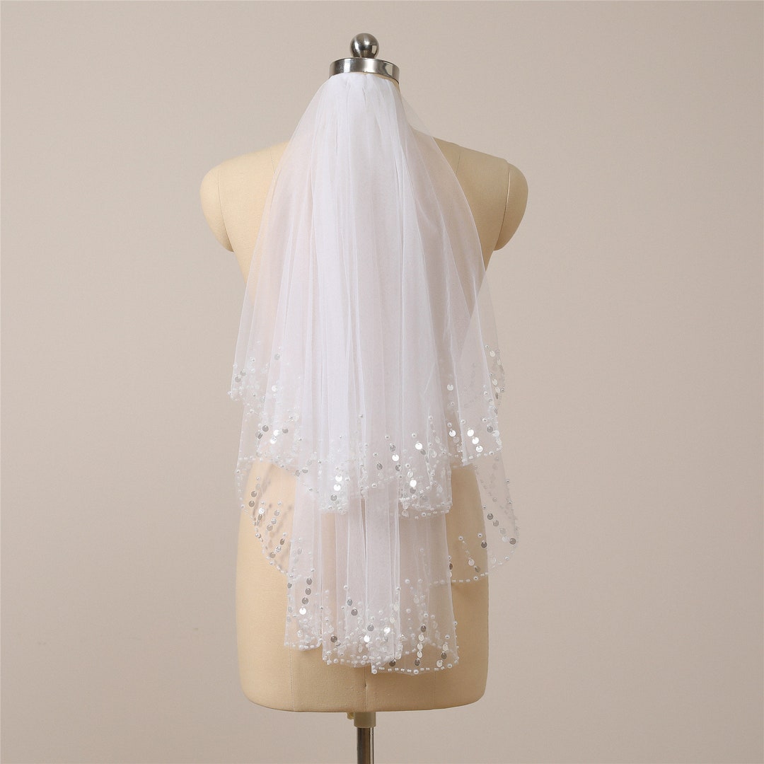 Bling Silver Sequined Veil for Wedding Fingertip Veil 2 Tier Pearl ...
