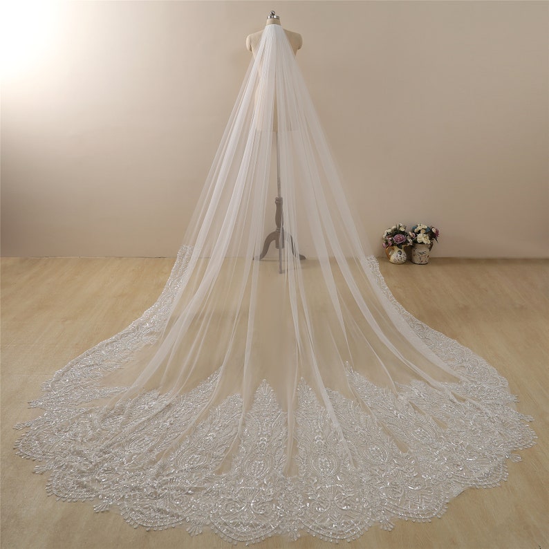 Shinny Cathedral Wedding Veil, Luxury Silver Beading Sequins Applique ...