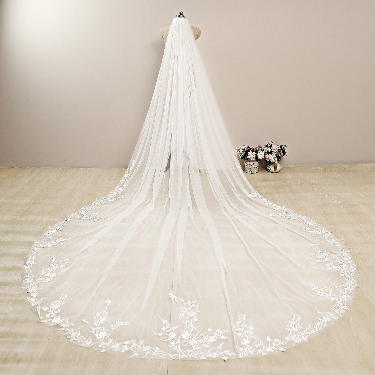 Celestial Flower Wedding Veil Lace Trim Cathedral Veil Ivory Lace ...