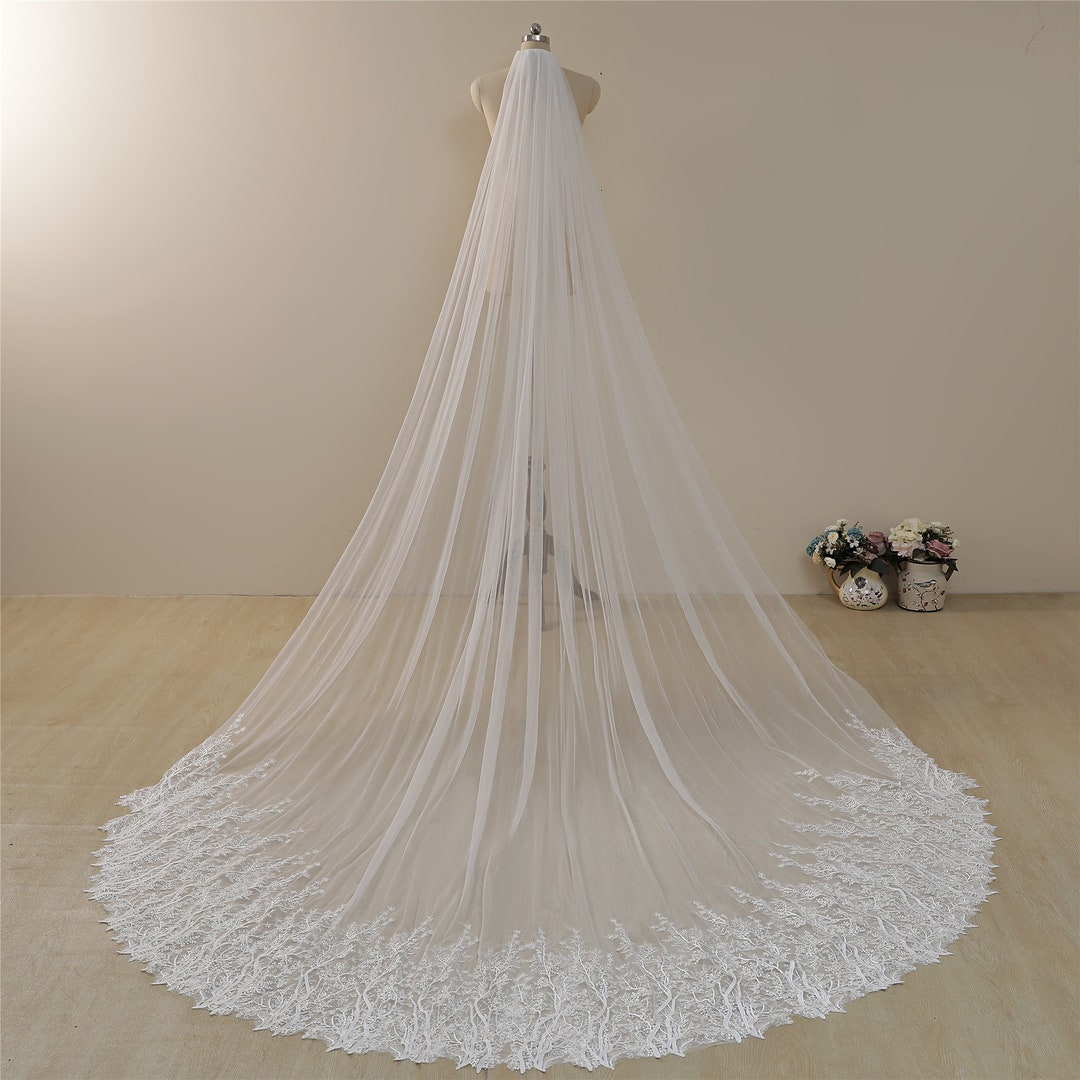 Celestial Flower Lace Wedding Veil Ivory Royal Cathedral Veil Flowers ...