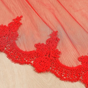 Red Wedding Veil Lace Trim Cathedral Veil Red Bridal Veil Long Lace ...