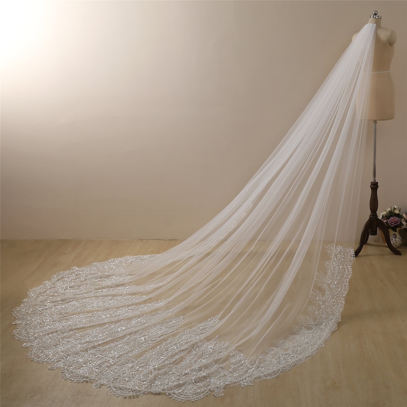 Shinny Cathedral Wedding Veil, Luxury Silver Beading Sequins Applique ...