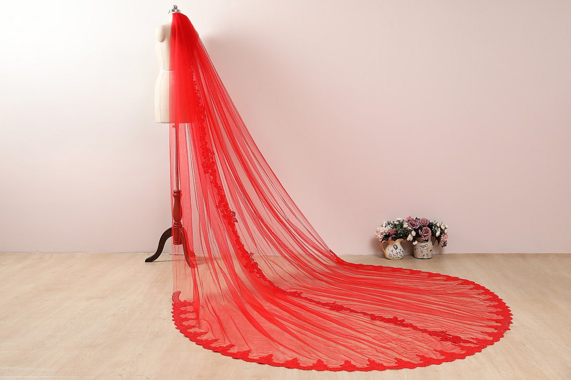 Red Wedding Veil Lace Trim Cathedral Veil Red Bridal Veil Long | Etsy