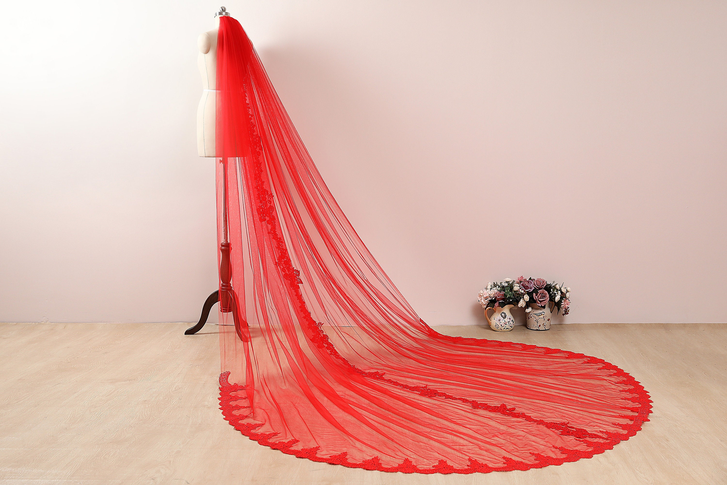 Red Wedding Veil Lace Trim Cathedral Veil Red Bridal Veil Long | Etsy