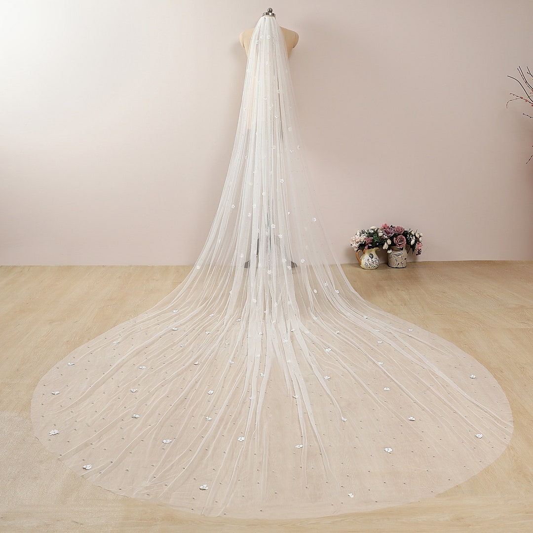 Soft Tulle Cathedral Veil: 3D Flower and Pearl Bridal Veil - Etsy