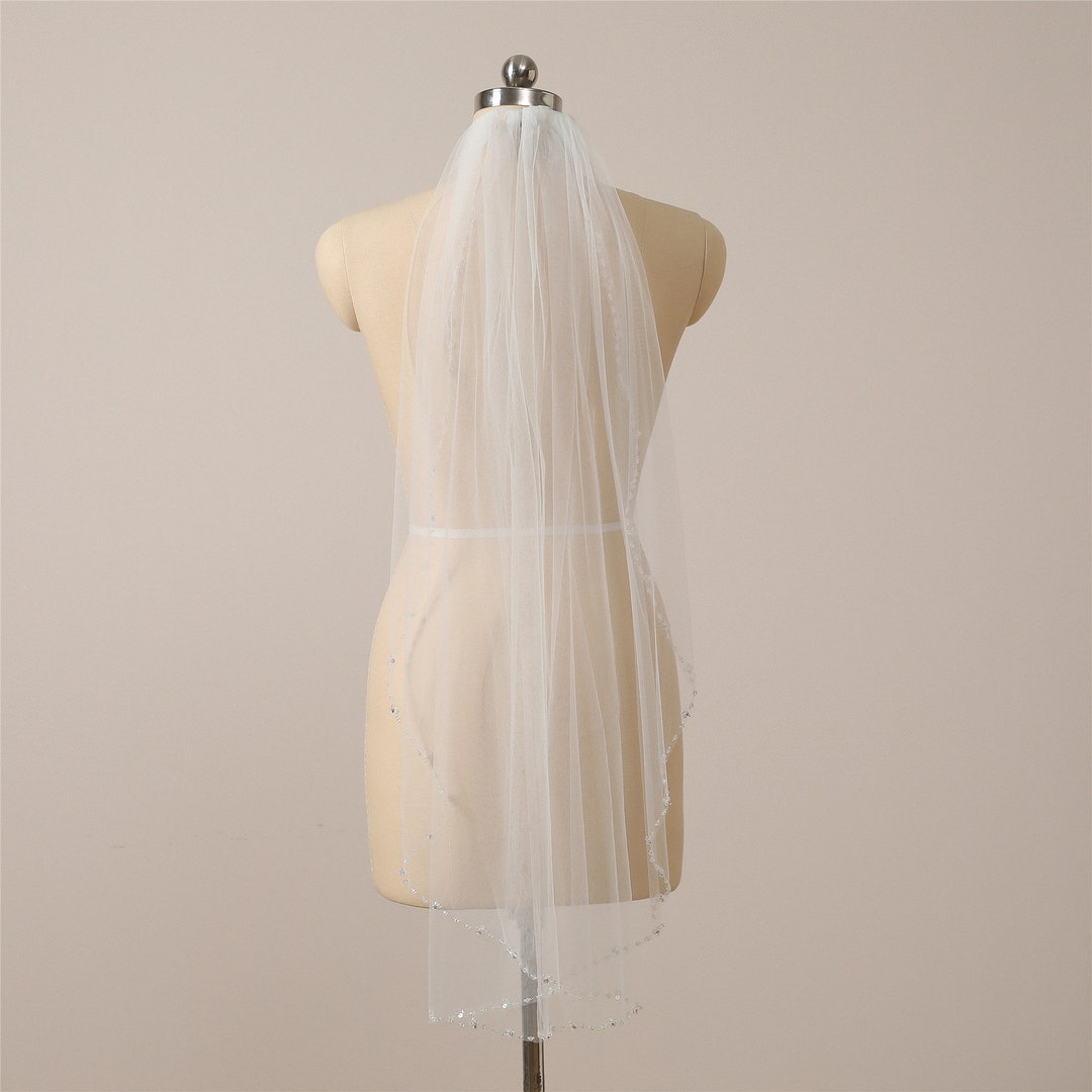 Beaded Fingertip Wedding Veil, Horsehair Edge, Ivory Tulle - Etsy