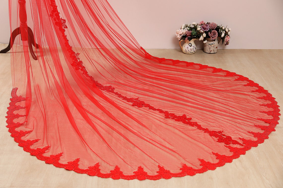 Red Wedding Veil Lace Trim Cathedral Veil Red Bridal Veil Long | Etsy