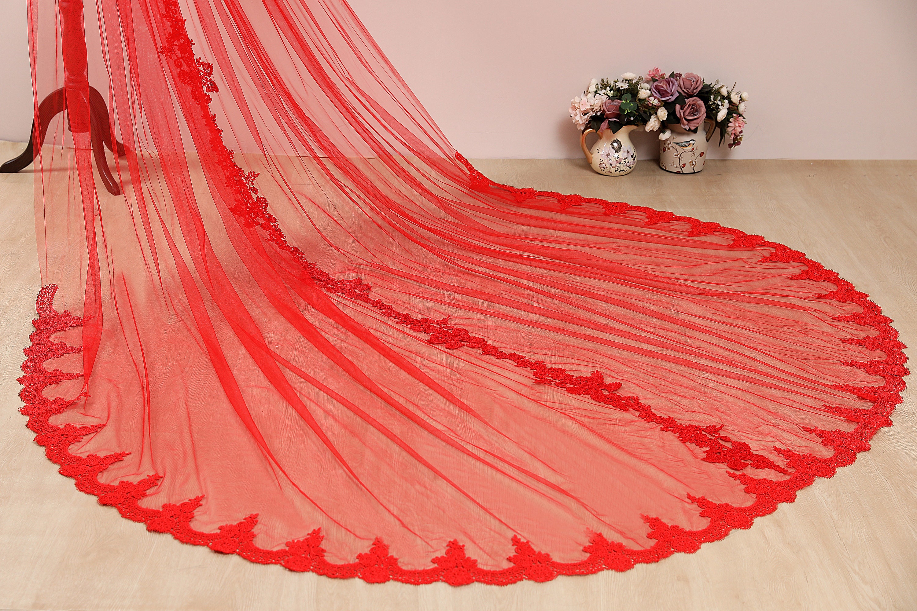 Red Wedding Veil Lace Trim Cathedral Veil Red Bridal Veil Long | Etsy