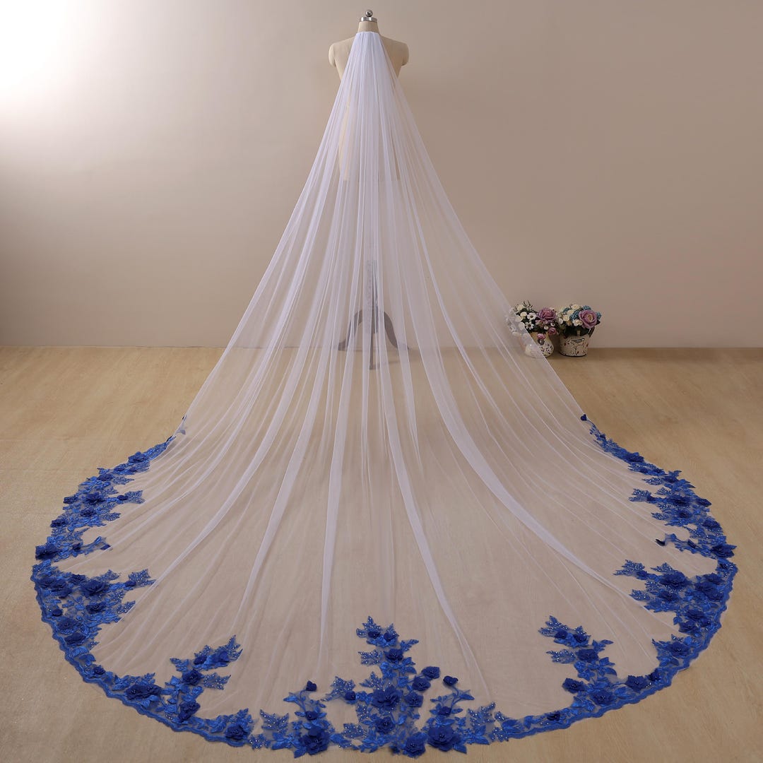 Blue Floral Lace Cathedral Veil, Pearl Bridal Veil - Etsy