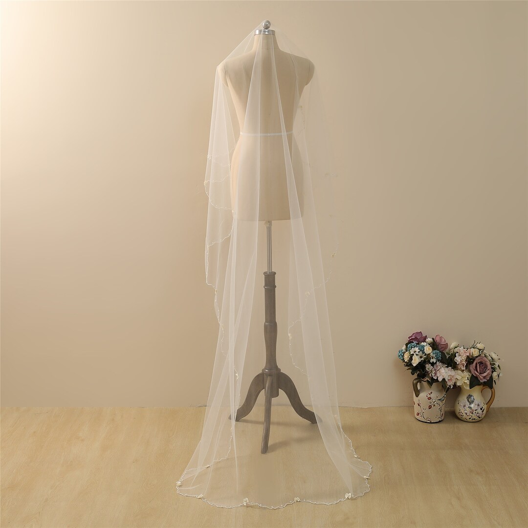 Floor Length Wedding Veil, Three Tier Bridal Veil With Pearls & Bow - Etsy