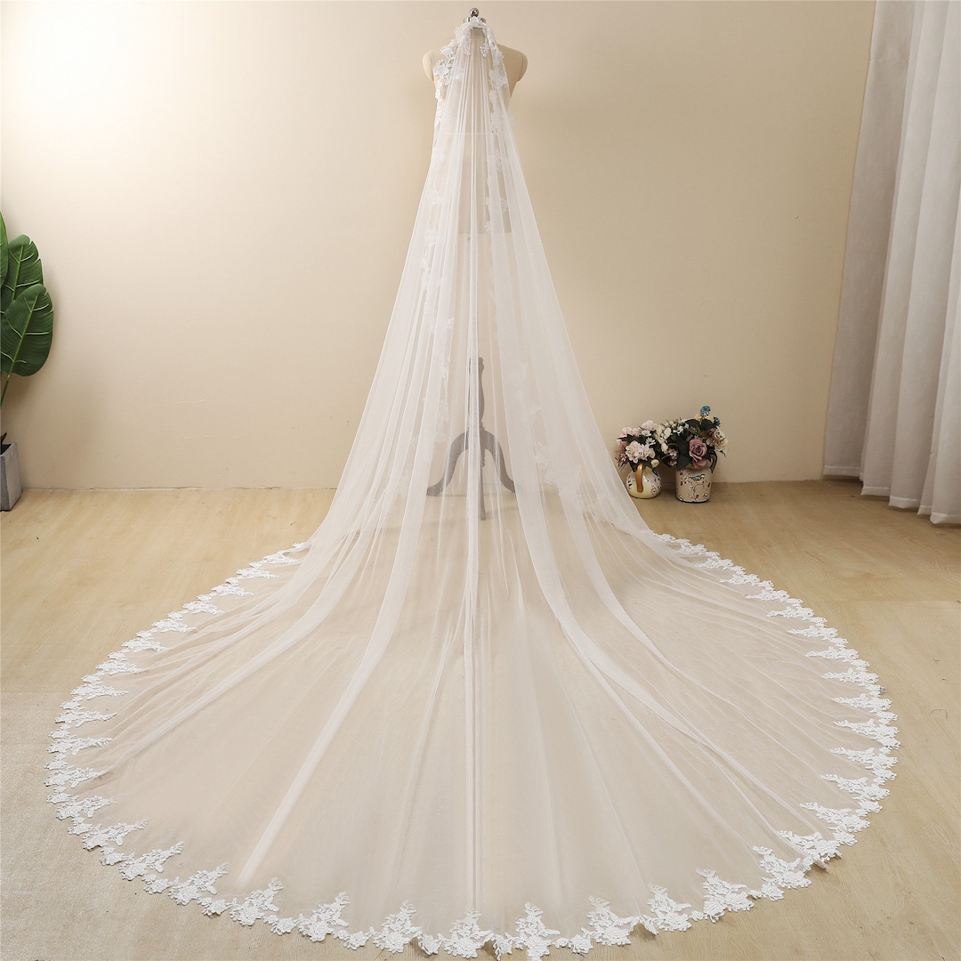 Vintage Cathedral Lace Wedding Veil: Floral Applique, Silver Comb (118 ...