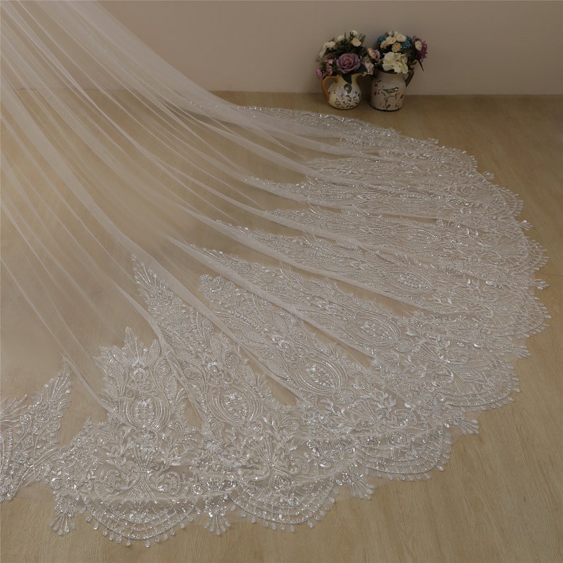 Shinny Cathedral Wedding Veil, Luxury Silver Beading Sequins Applique ...
