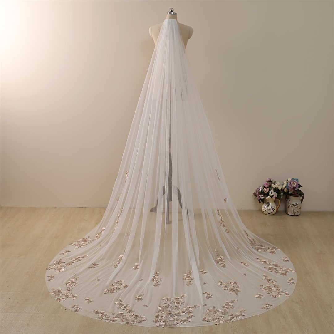 Gold/champagne/pink Lace Veil,wedding Veil Cathedral,veil Comb,bridal ...