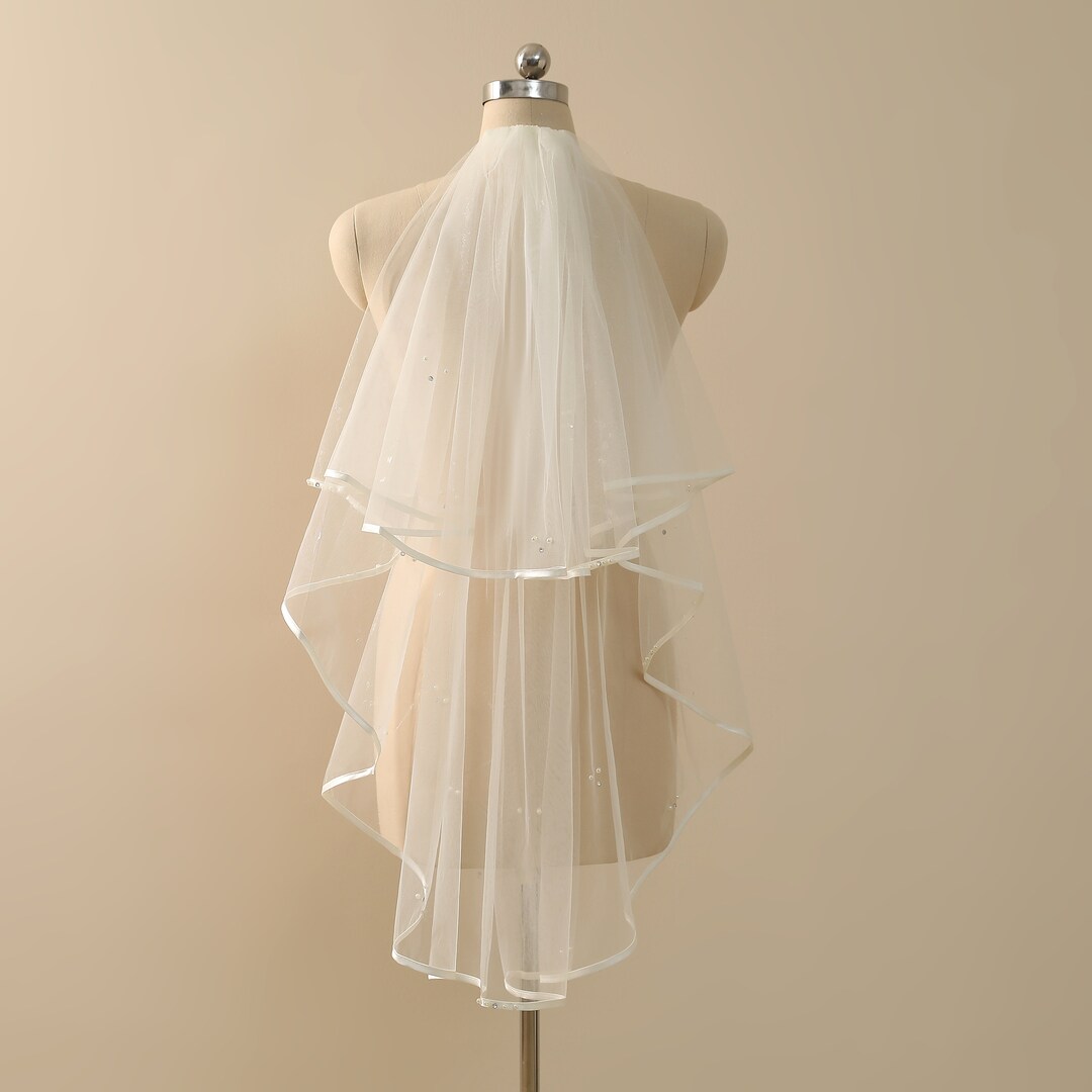 Two Tier Fingertip Veil,ivory/white Ribbon Veil,short Wedding Veil ...