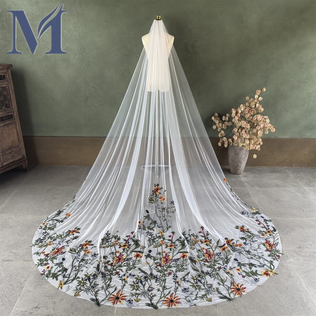 Fresh Wildflower Wedding Veil - Orange Red Wild Floral Bridal Veil ...