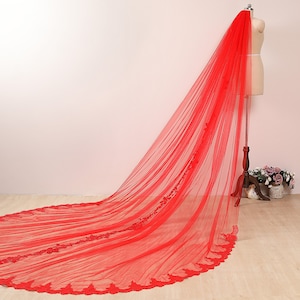 Red Wedding Veil Lace Trim Cathedral Veil Red Bridal Veil Long Lace ...