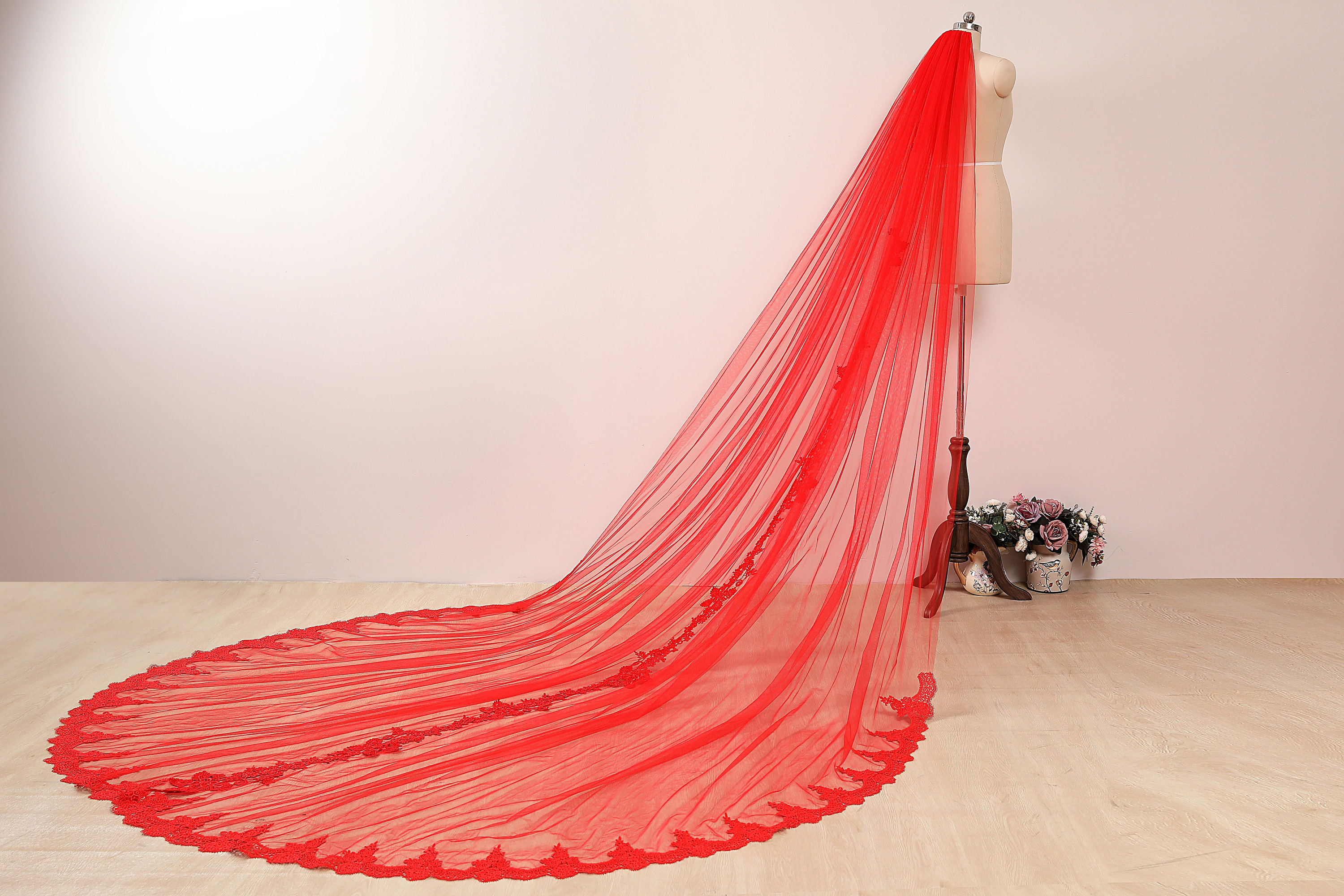 Red Wedding Veil Lace Trim Cathedral Veil Red Bridal Veil Long | Etsy