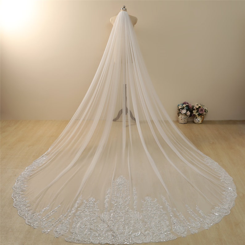 Vintage Lace Wedding Veil: Sequined Floral Applique, Soft Tulle - Etsy