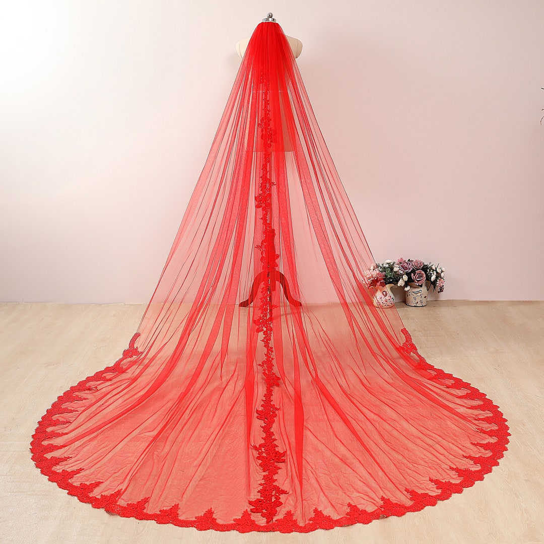 Red Wedding Veil Lace Trim Cathedral Veil Red Bridal Veil Long Lace ...