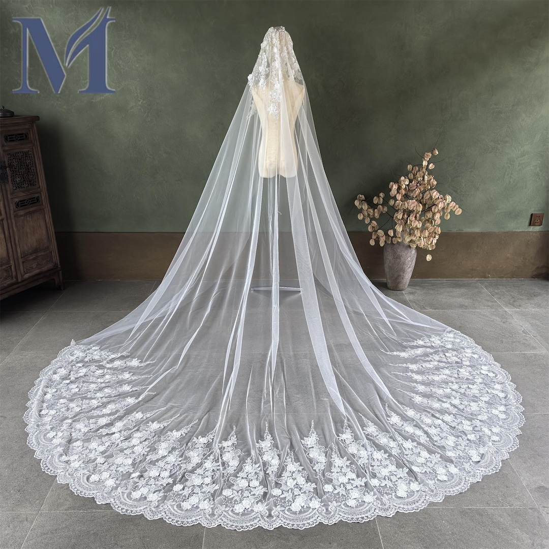 3D Flower Trim Mantilla Veil With Comb, Mantilla Veil With Lace on the ...