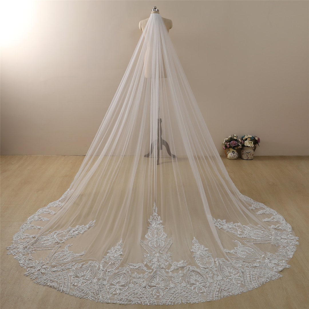Floral Veil,heavy Work,handmade Veil,veil With Beads & Sequins ...