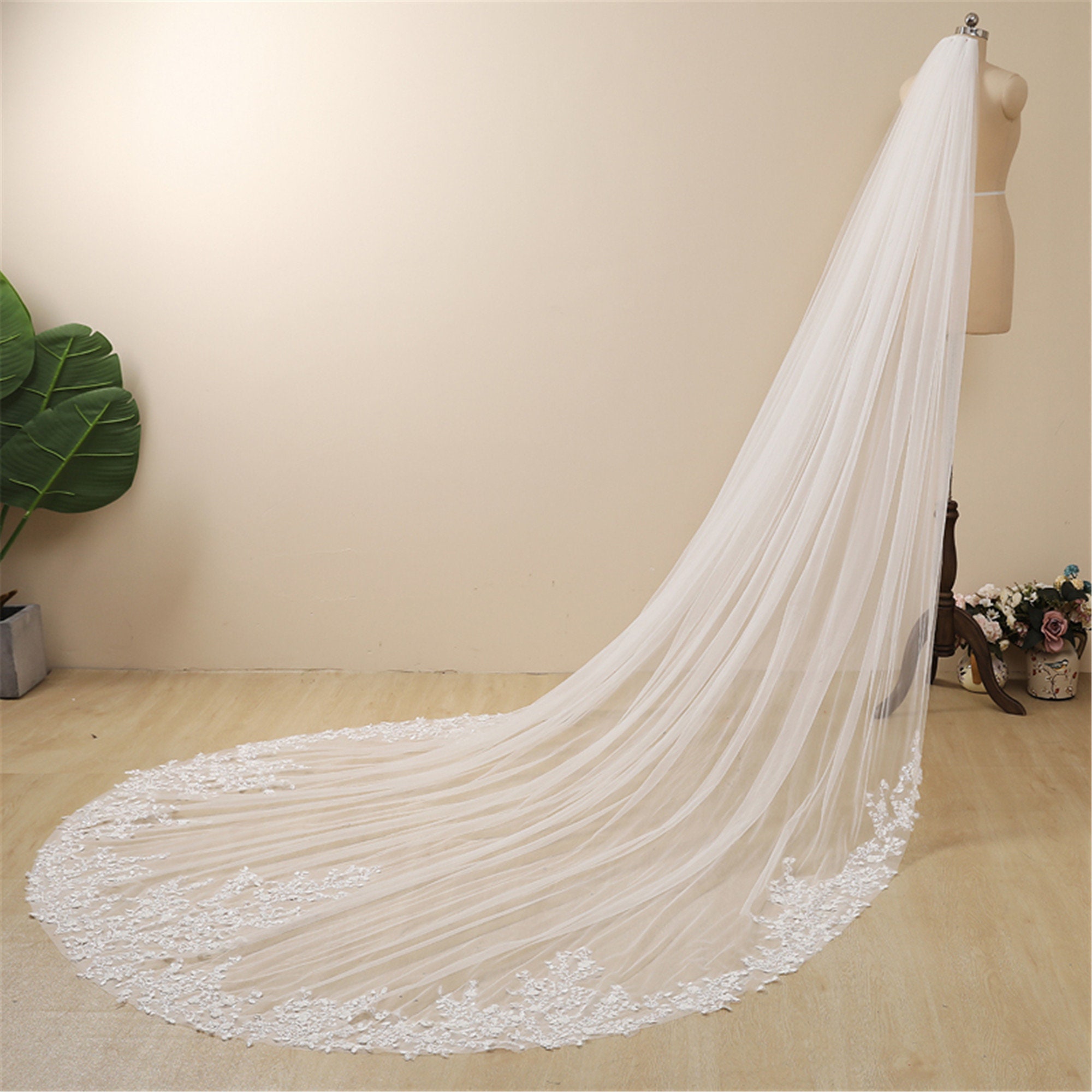 Celestial Flower Lace Wedding Veil Ivory Royal Cathedral Veil | Etsy