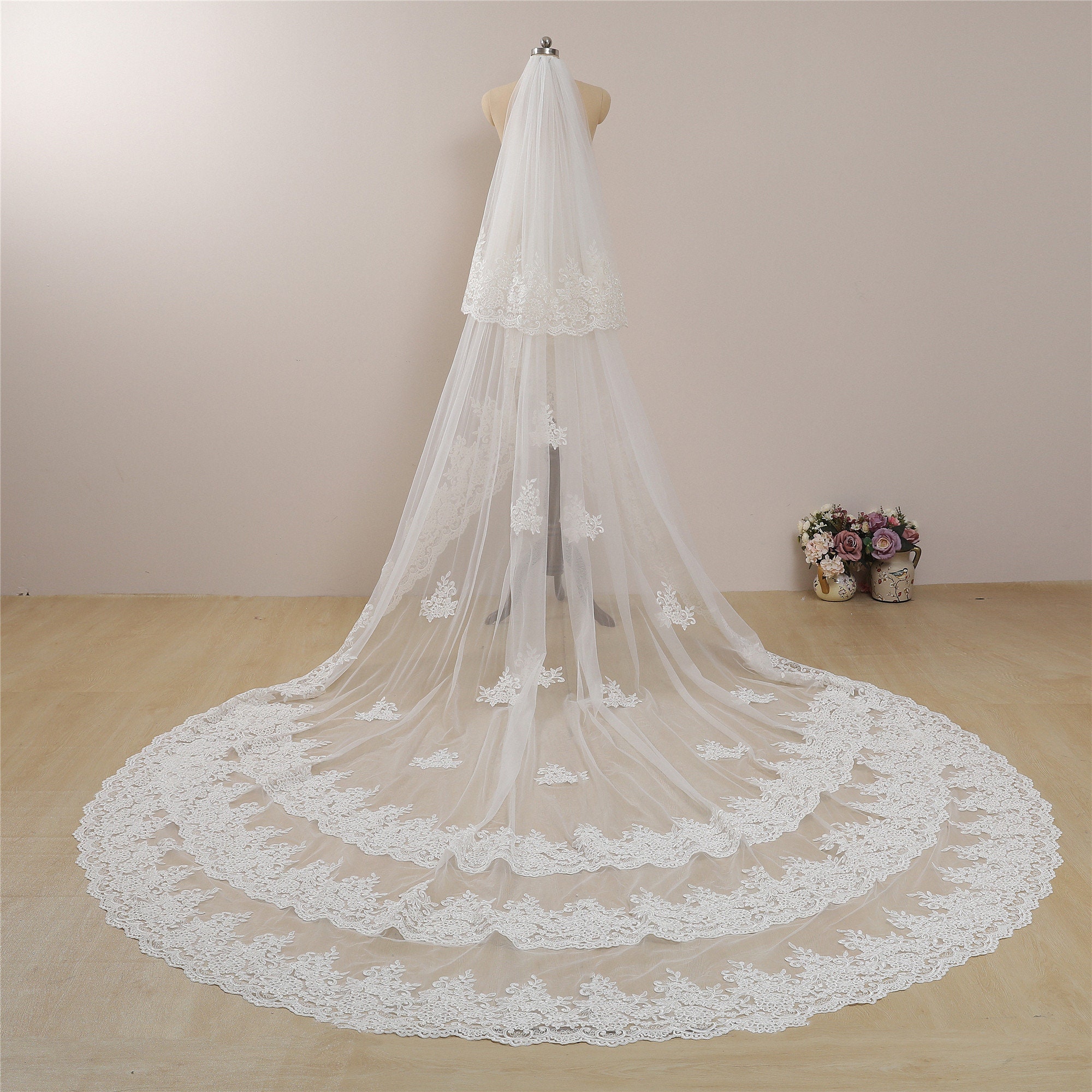 2 Tier Cathedral Wedding Veil Lace Trim Chapel Veil Ivory | Etsy