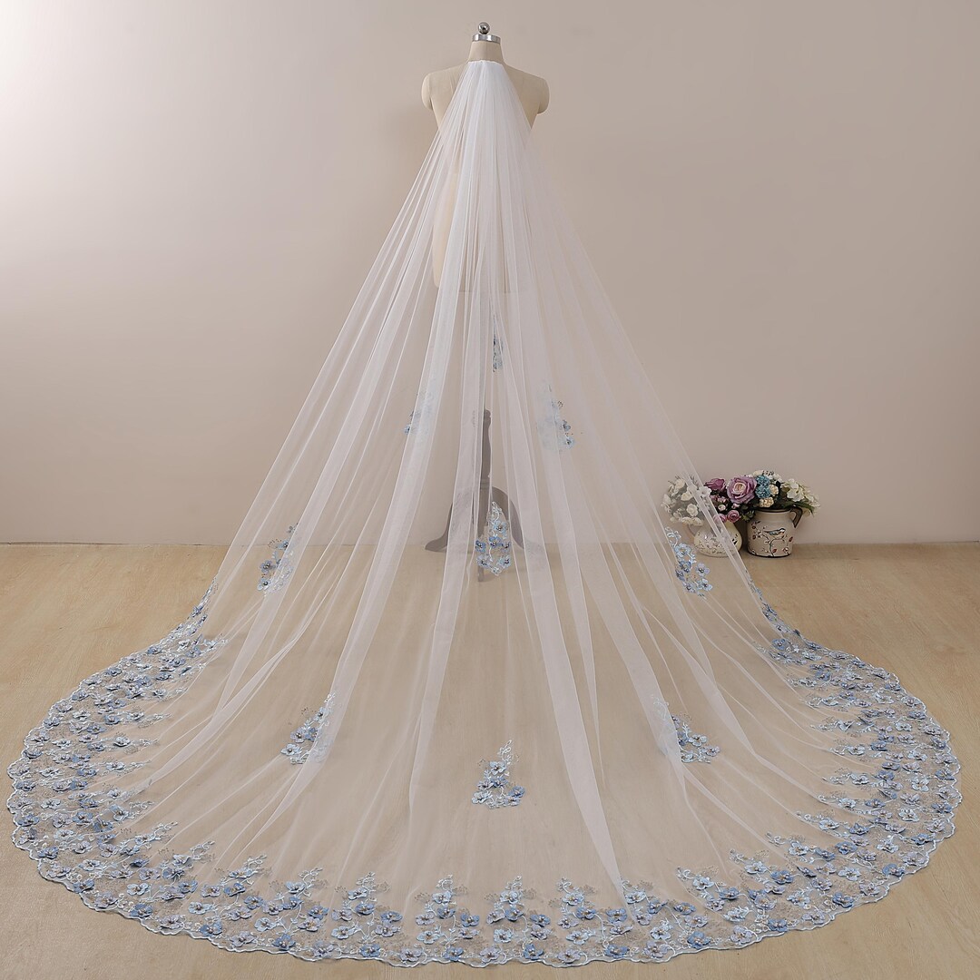 Blue Floral Lace Cathedral Wedding Veil With Pearls - Etsy
