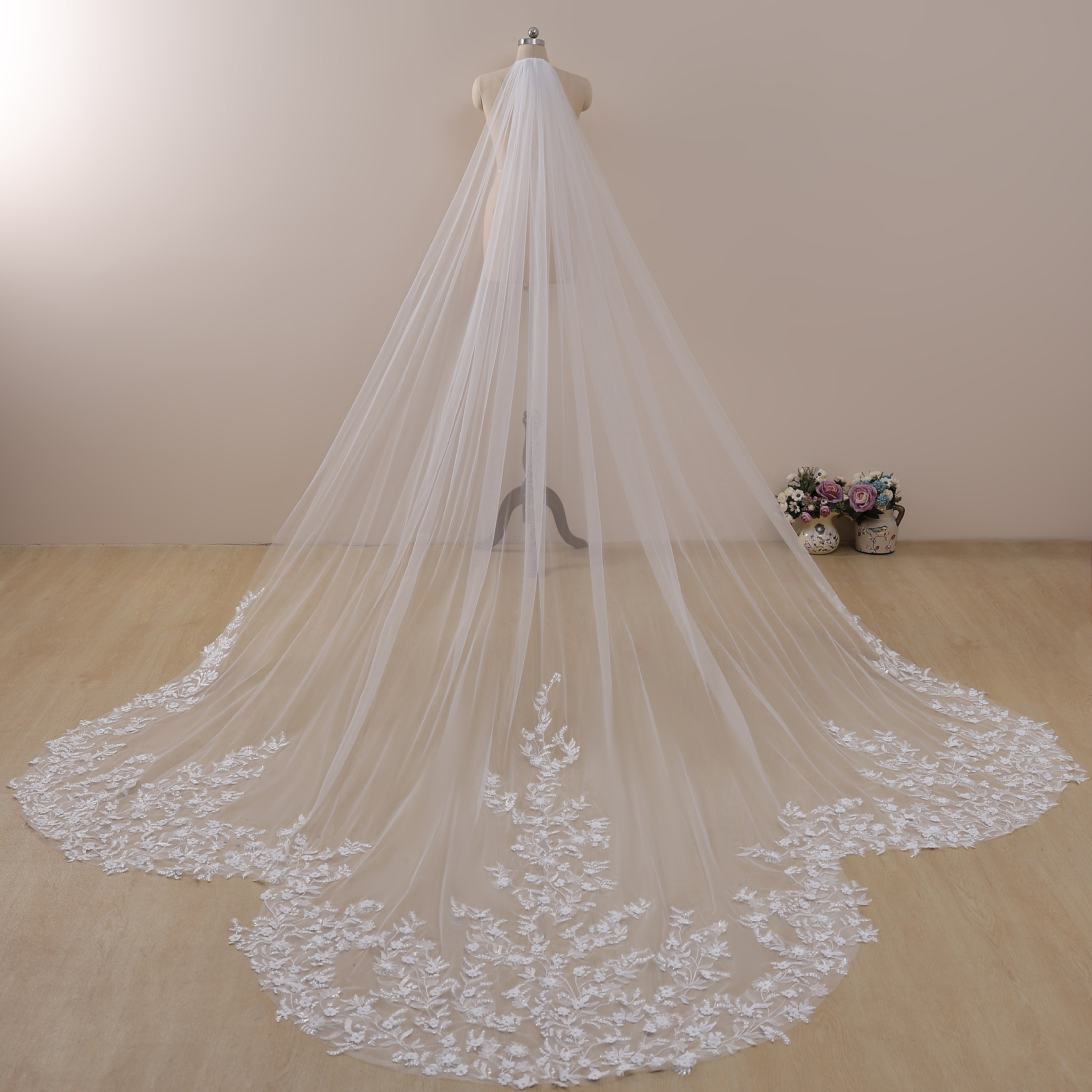Cathedral Wedding Veil, 3D Floral Lace Applique, Pearl & Sequin, Ivory ...