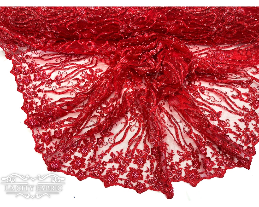 Red Lace Fabric by the Yard | Heavy Handmade Beaded Fabric | Floral ...