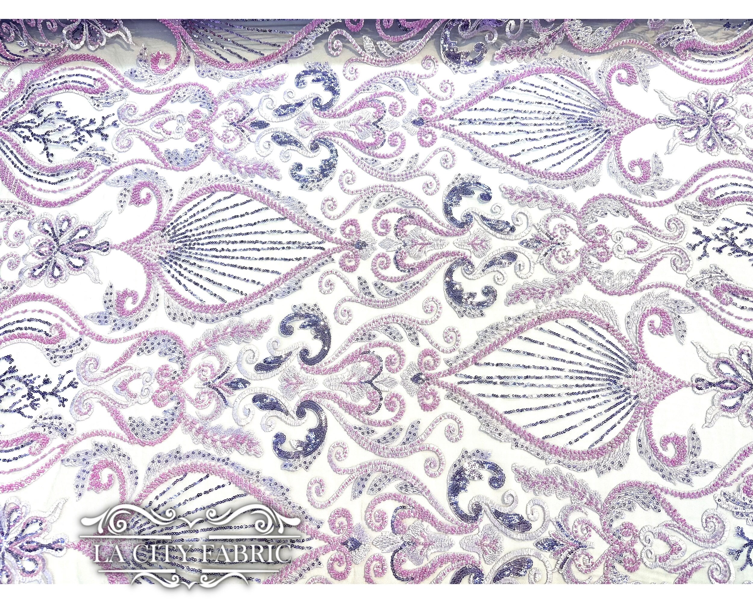 Lavender Lace Sequin Beaded Fabric by the Yard | Mesh Embroidered ...
