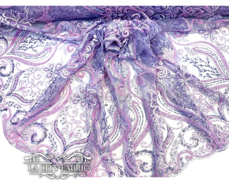 Lavender Lace Sequin Beaded Fabric by the Yard | Mesh Embroidered ...