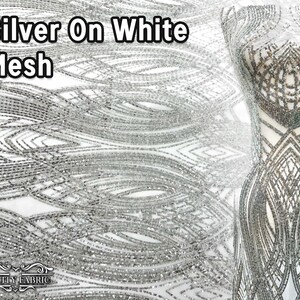 Silver Sequin Fabric by the Yard Lace Fabric on White Mesh Geometric ...